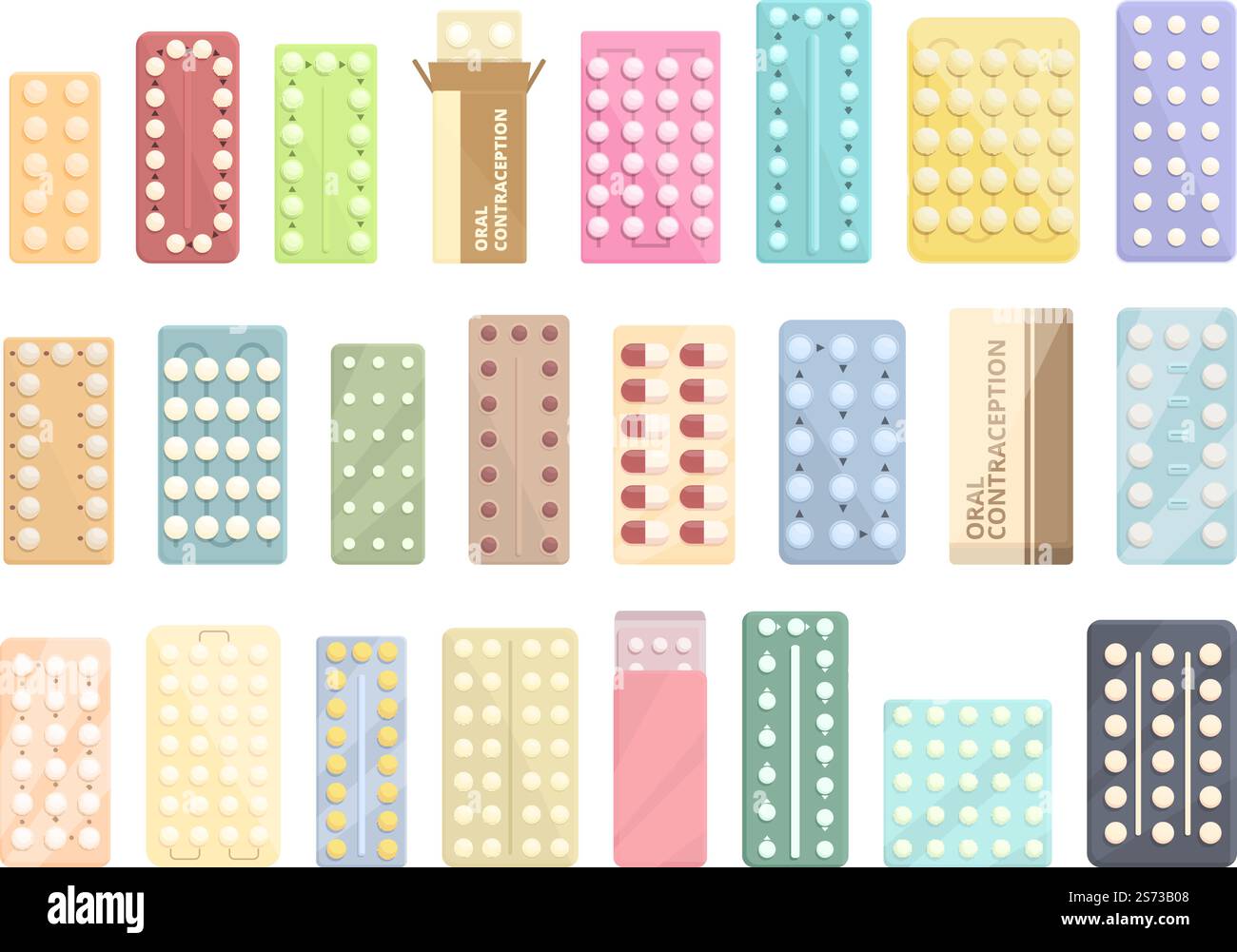 Female oral contraception icons set cartoon vector. Birth control. Oral ...