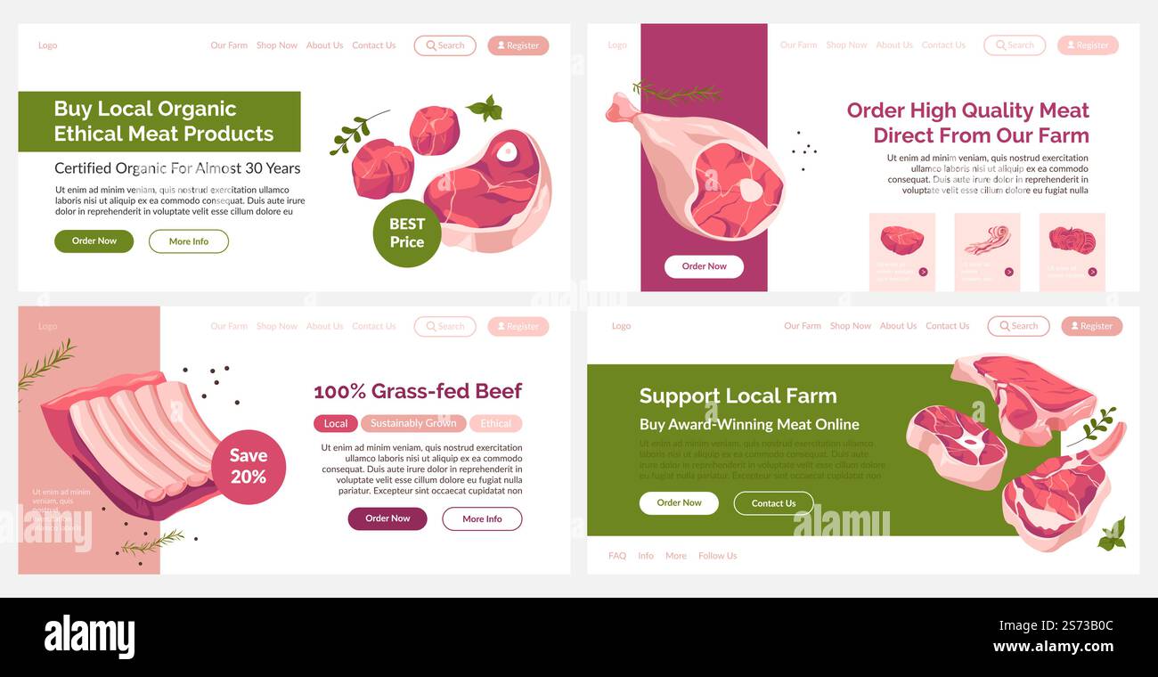 Web banner set with local organic meat advertising. Natural ingredient ...