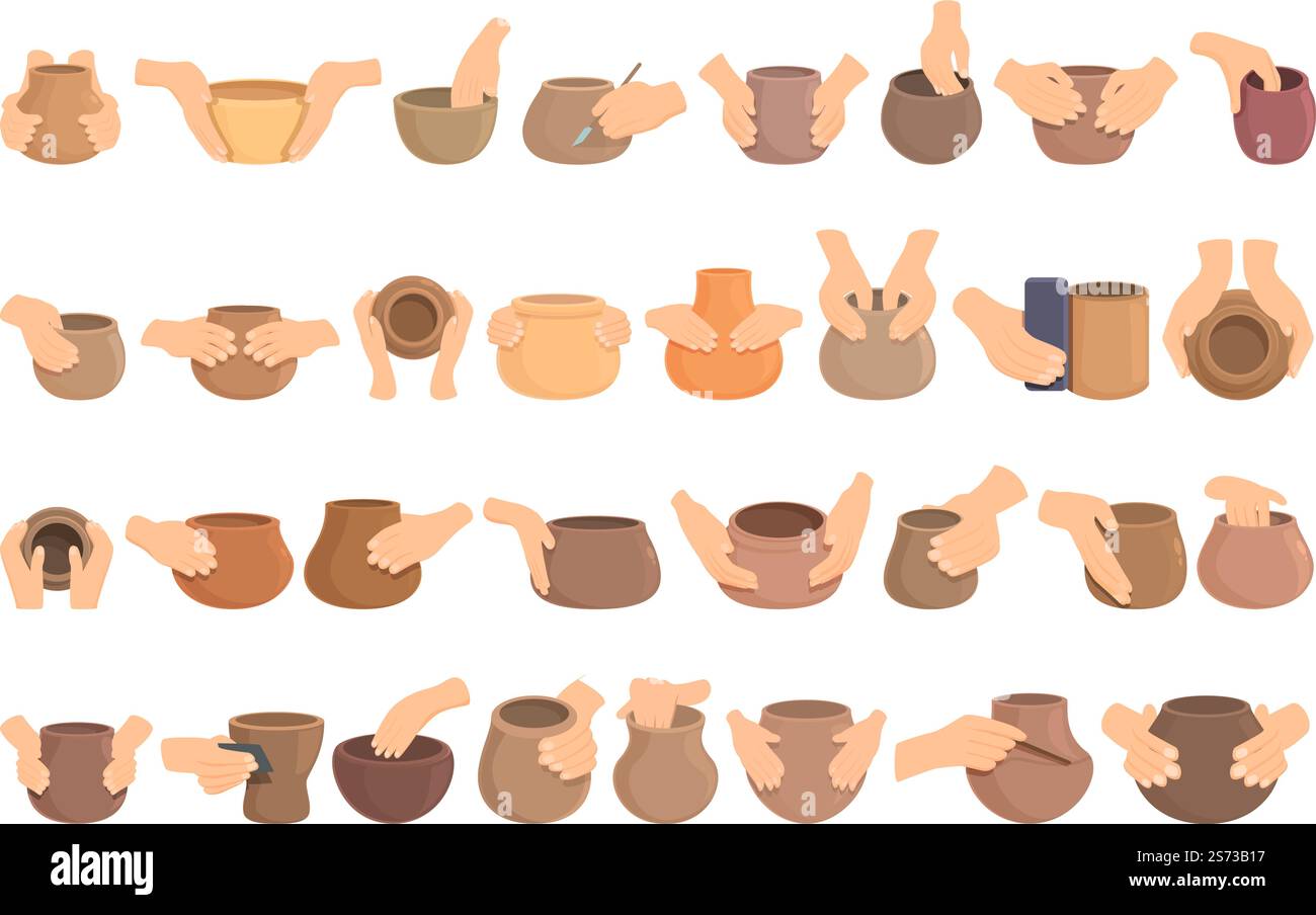 Pottery class icons set cartoon vector. Artist craft. People pot ...