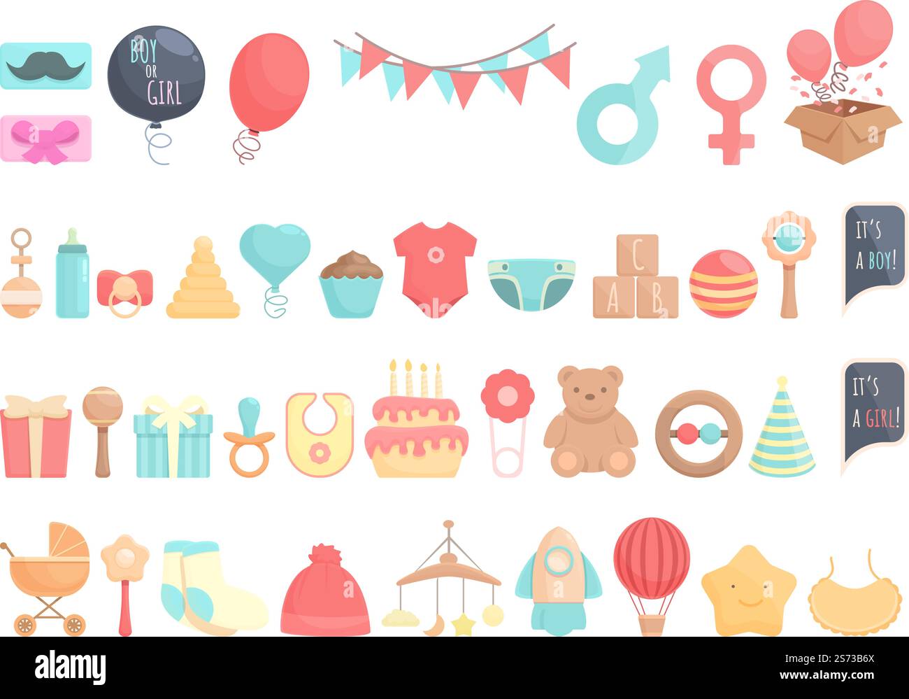 Gender party icons set cartoon vector. Reveal baby. Girl sleep. Gender ...