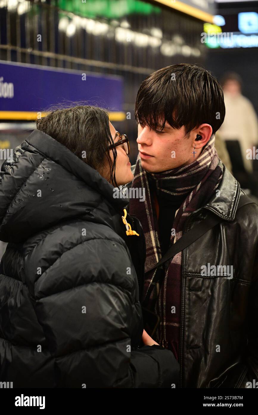 Stockholm, Uppland, Sweden. January 1 2025. People in a crowded subway ...