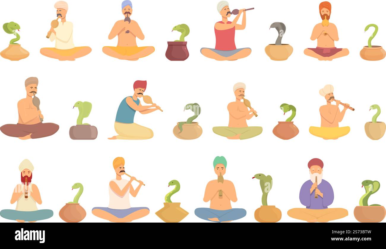 Snake charmer icons set cartoon vector. Indian sage. Hindu snake. Snake ...