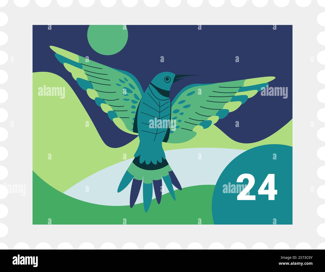 Postal mark with avian animal, exotic bird colibri with small wings ...