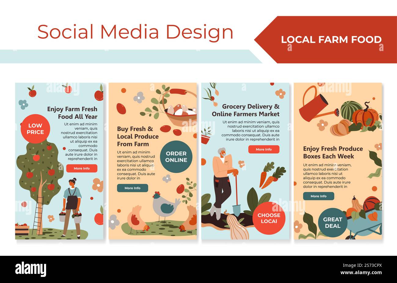 Local farm food offer at stories page design set. Market with organic ...