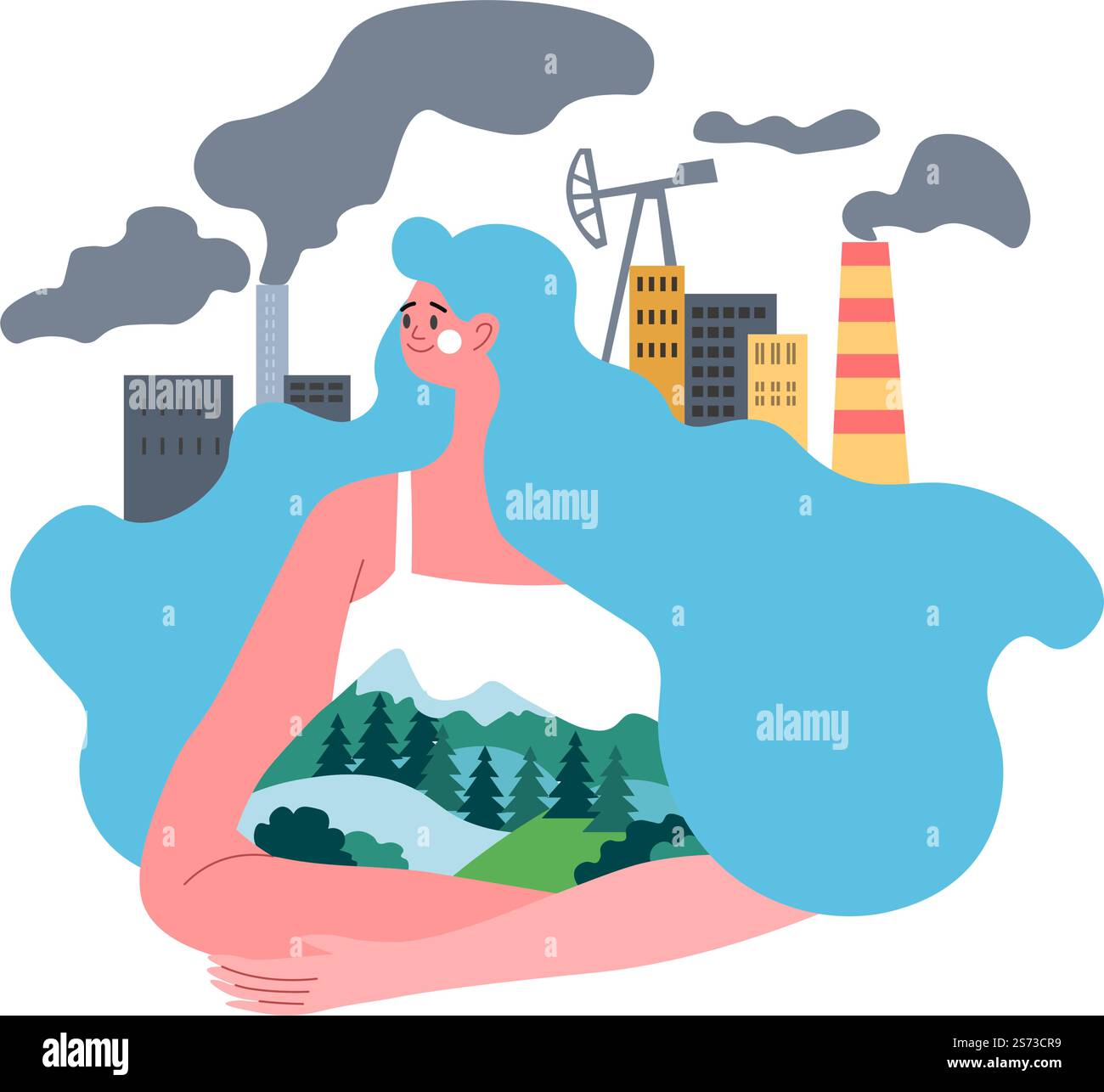 Woman protecting nature from air pollution and gas emissions coming ...