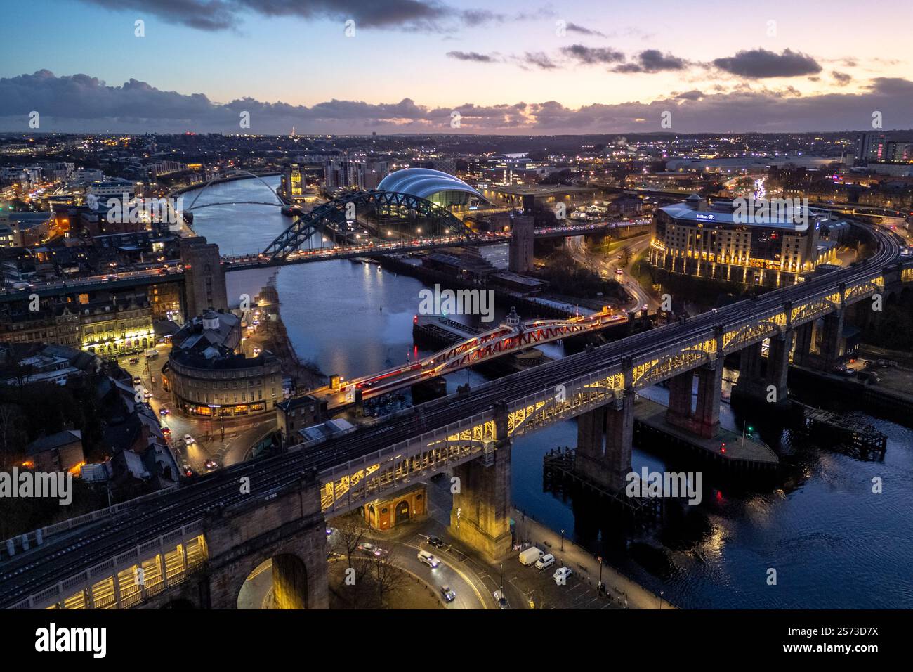 An aerial view of the bridges across the River Tyne Newcastle Gateshead ...