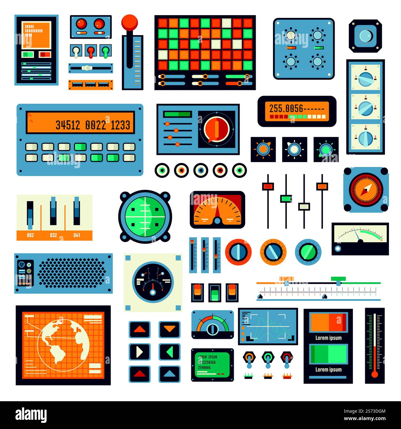 Equipment and devices, interface of panels, buttons and numbers. Radio set or gadgets retro and ...