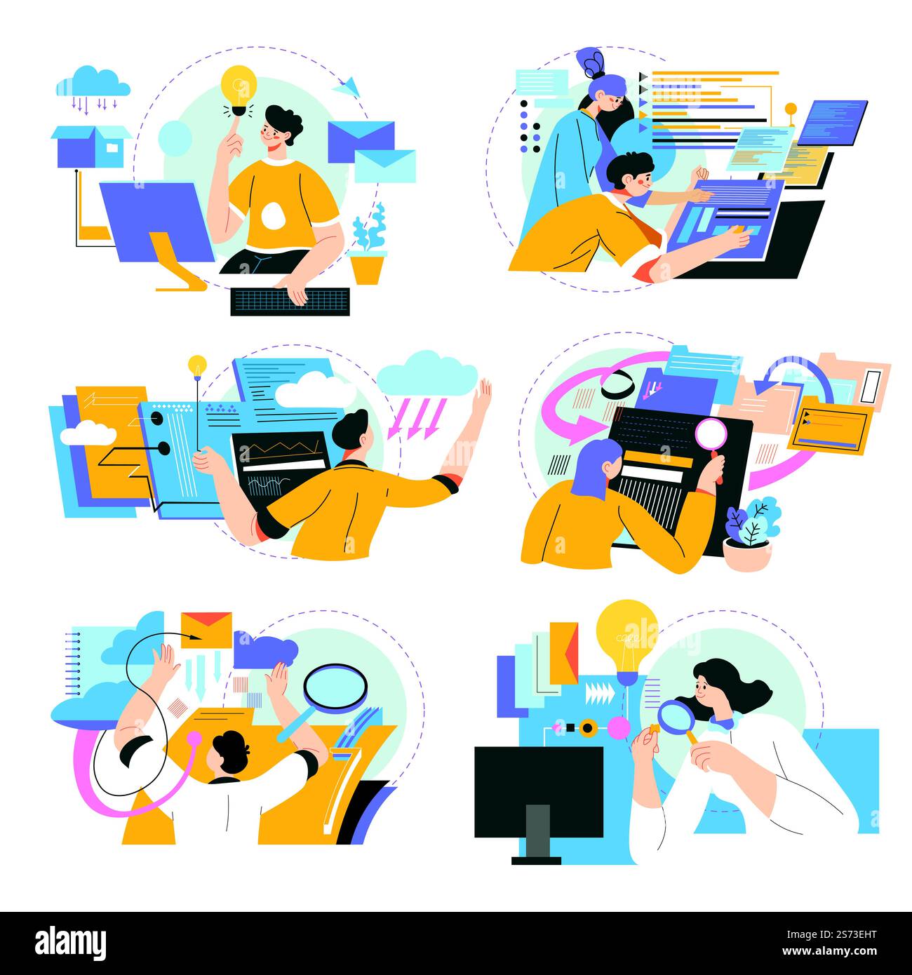 People working on laptops and computers, researching and looking for ...