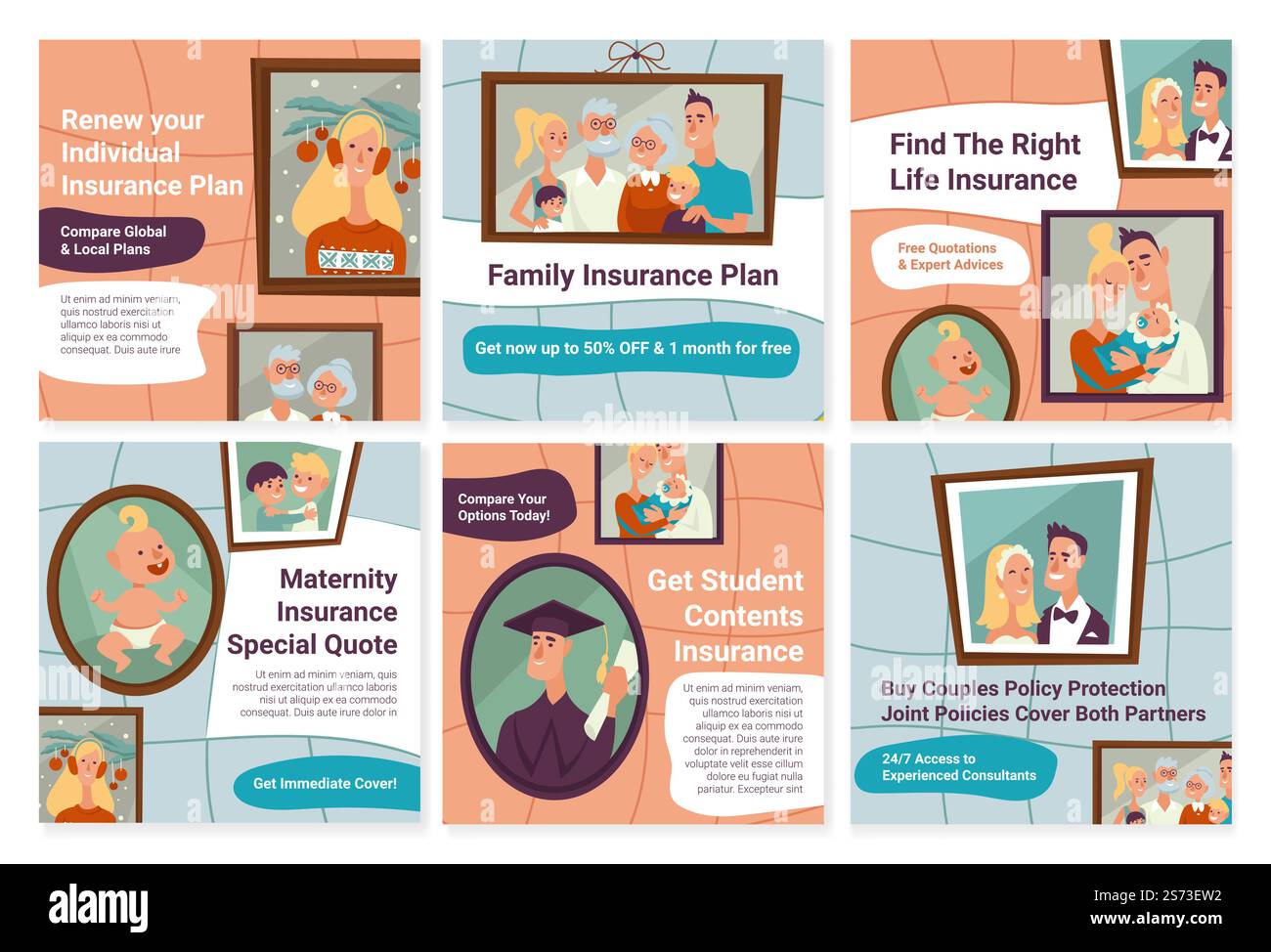 Social media set with post, insurance plan offer. Frame with family ...
