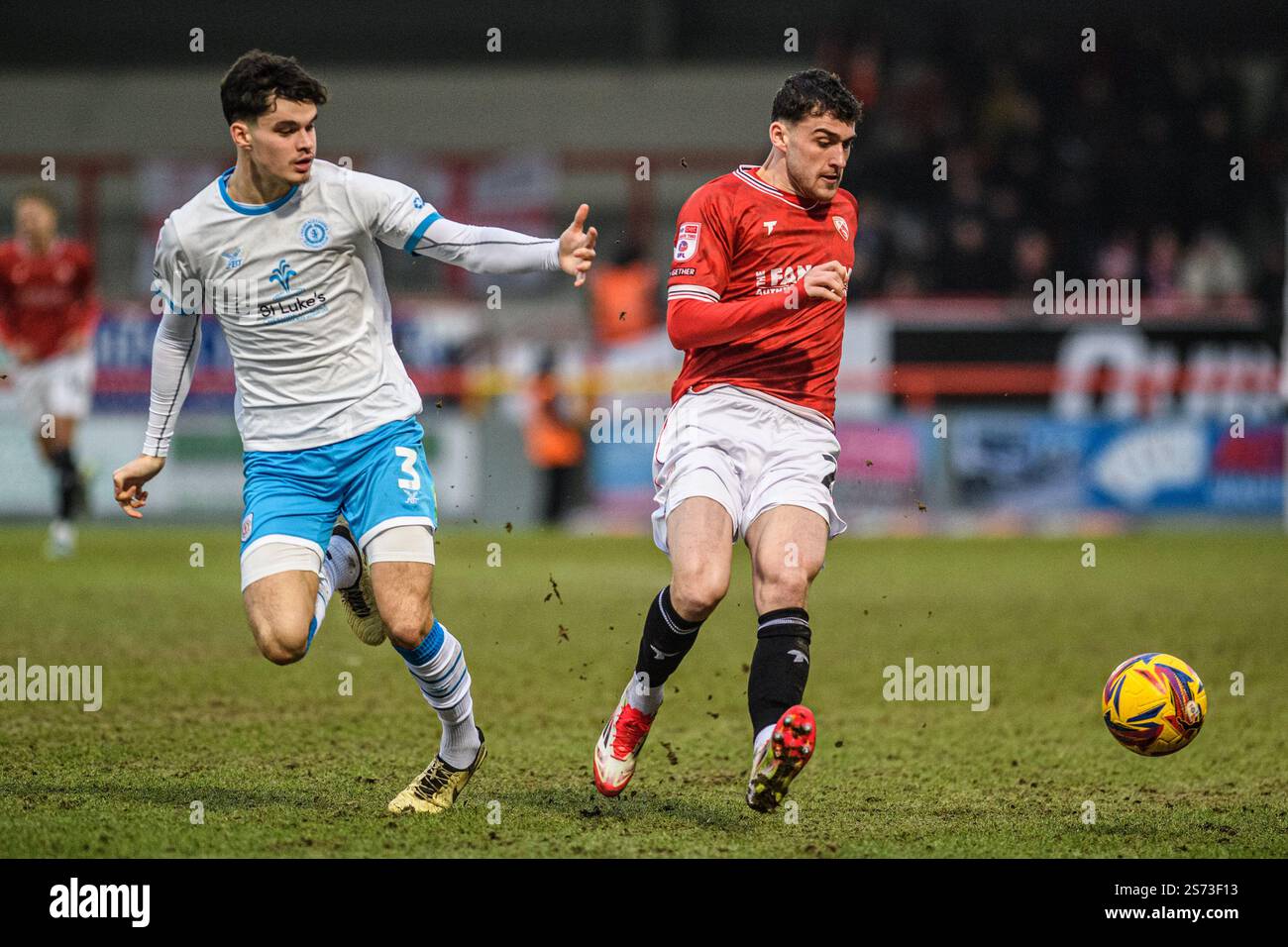 Morecambe FC's Callum Jones wrong foots Jamie Knight-Lebel of Crewe ...