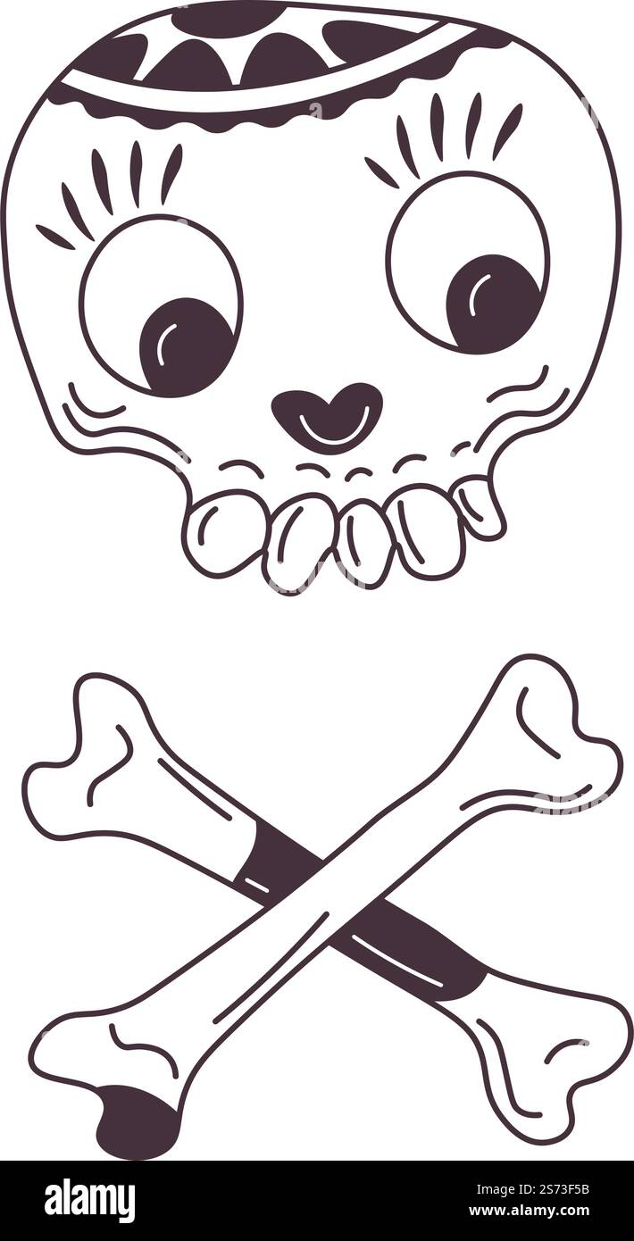 Crossed bones and skull with floral print, isolated skeleton character ...