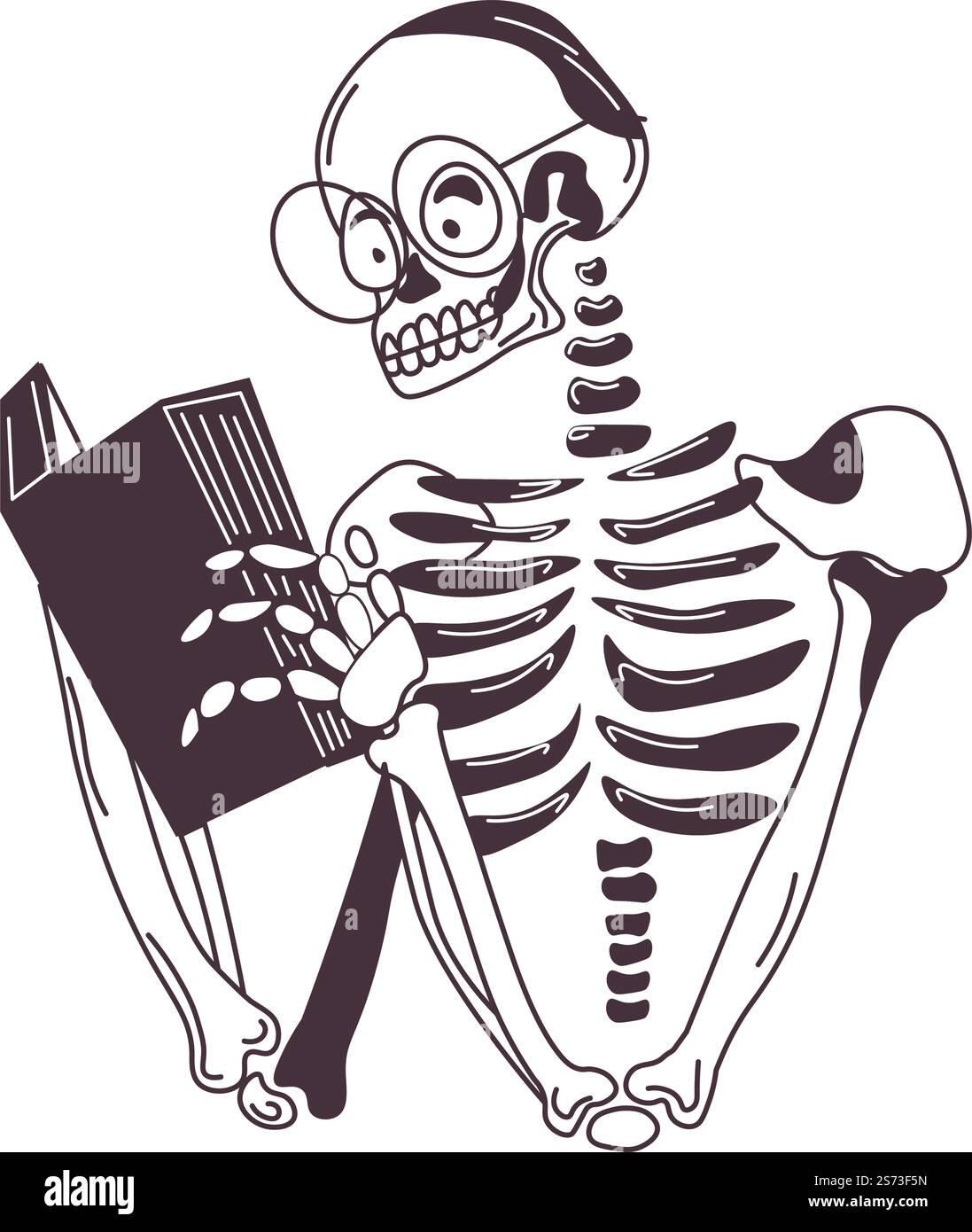 Male skeleton character wearing glasses and reading book. Isolated ...