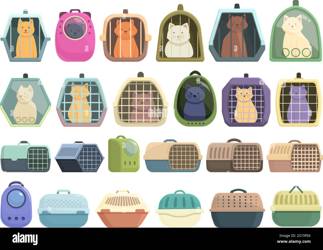 Cat carrier icons set cartoon vector. Cage canine. Carrier crate. Cat ...
