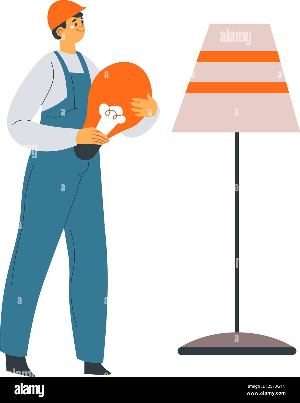 Male character wearing uniform and helmet holding bulb fixing lights of ...