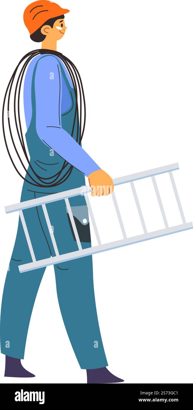 Specialist wearing uniform and protective helmet carrying ladder and ...