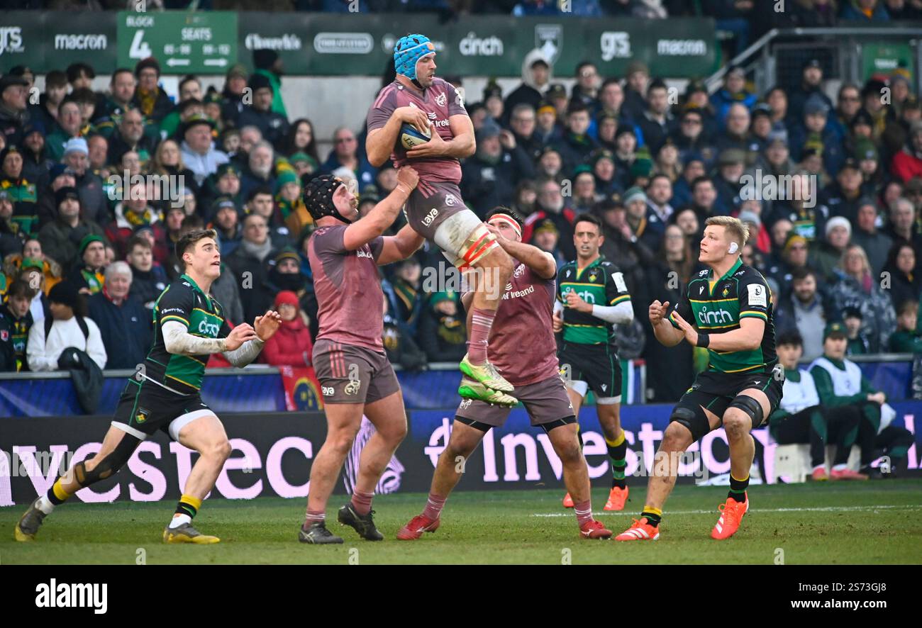 Northampton, UK. 18th Jan, 2025. Tadhg Beirne (C) of Munster in action ...