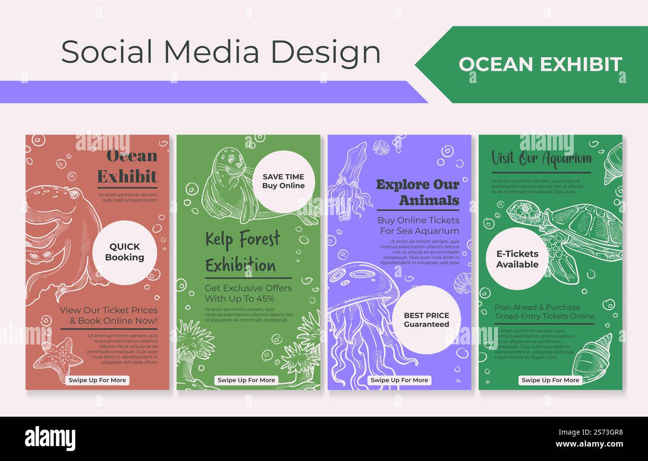 Internet network post set with ocean exhibit promo. Social media design ...