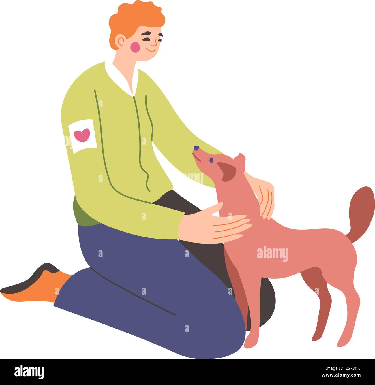 Volunteering male character helping homeless stray dog petting canine ...