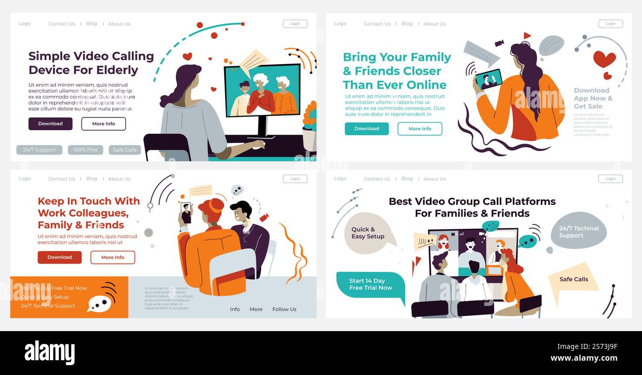 Web page set with video call app advertising. Internet device promo at ...