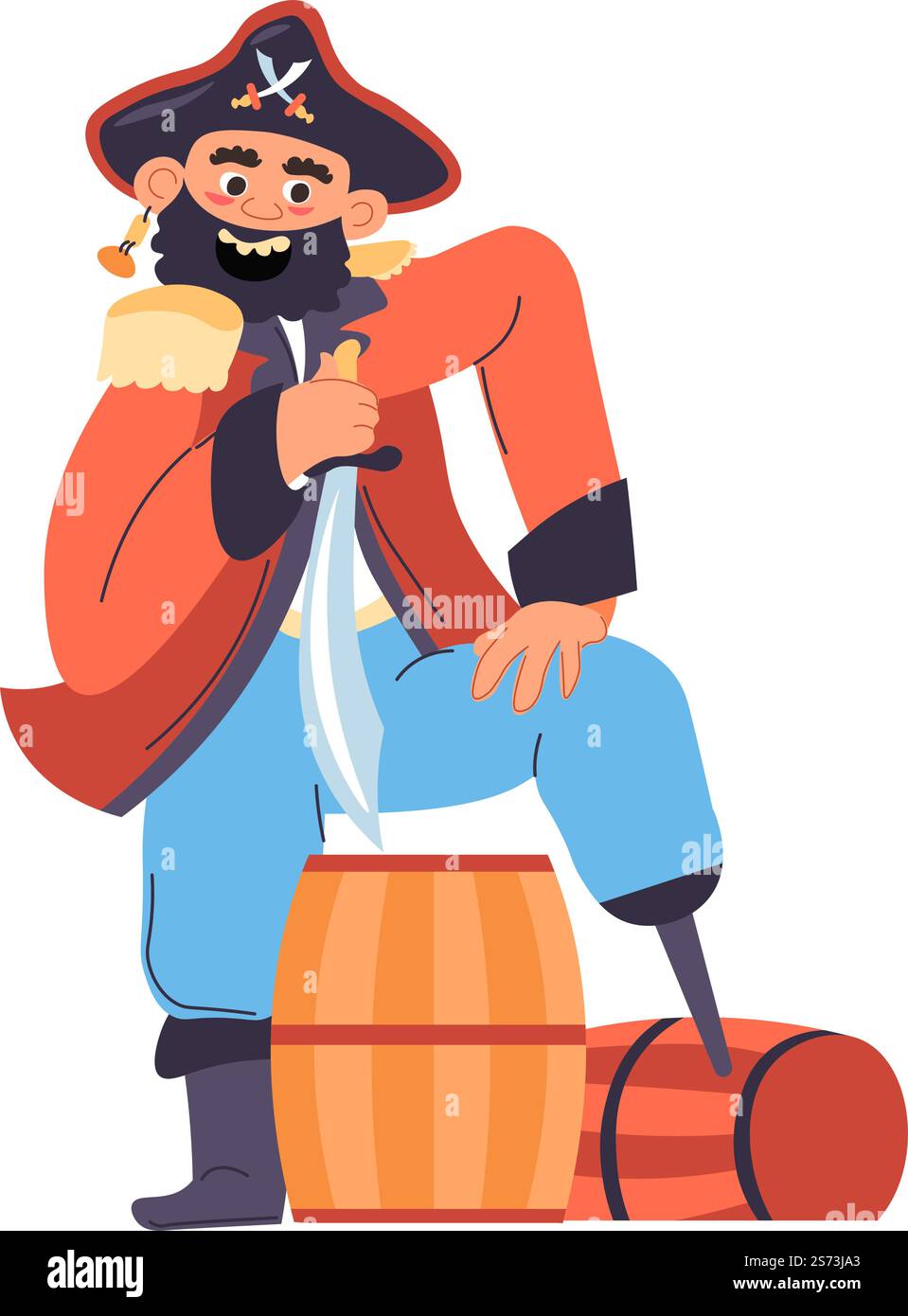 Pirate with one leg standing by wooden barrels of rum. Alcoholic ...