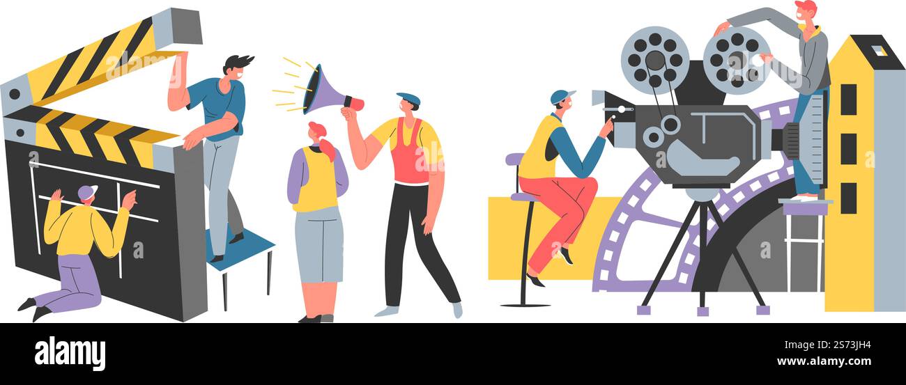 Professional crew shooting movies and films, cinematograph workers with ...