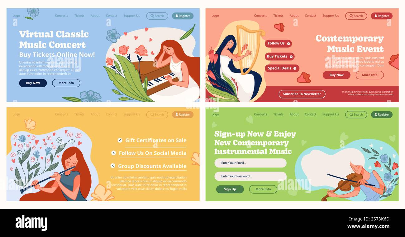 Classic music concert promotion at web banner set. Flat woman character ...