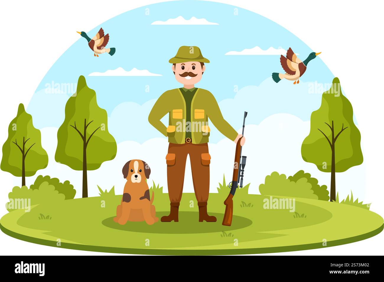 Hunter with Hunting Rifle or Weapon Shooting to Birds or Animals in the ...
