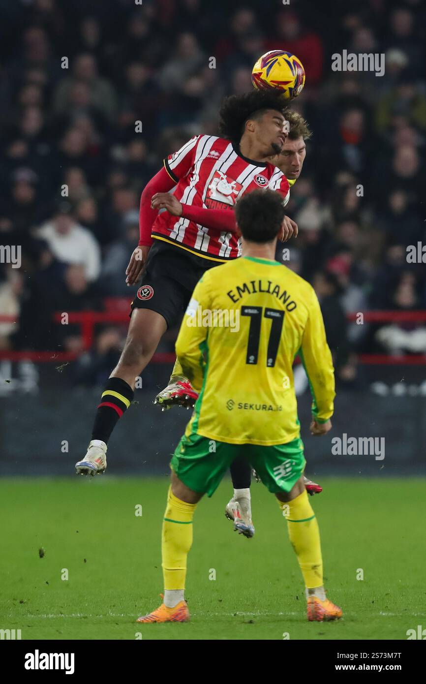 Sheffield, UK. 18th Jan, 2025. Jack Stacey Of Norwich City jumps for a ...