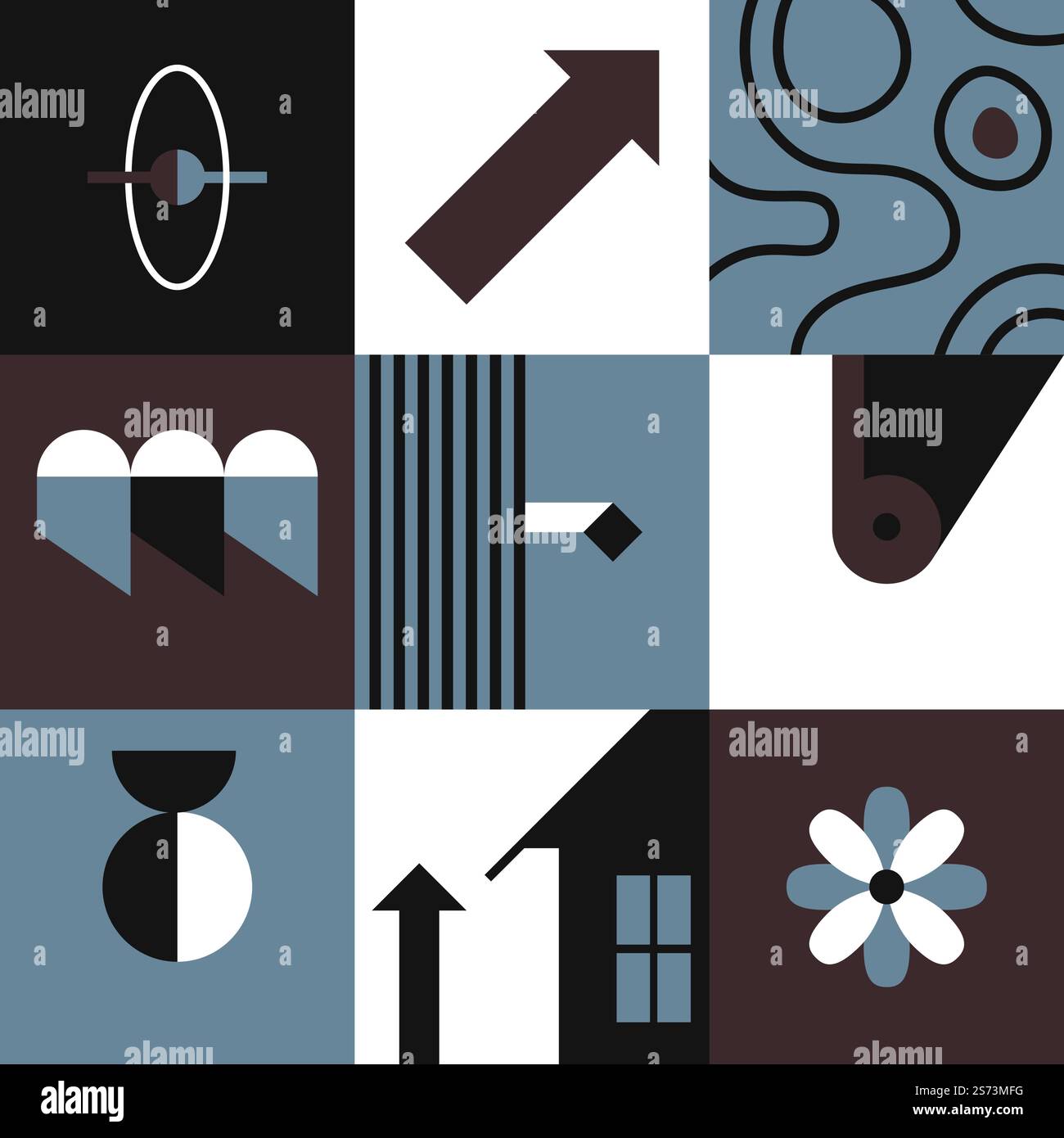 Bauhaus or modern artwork, square prints with abstract images. Arrows ...