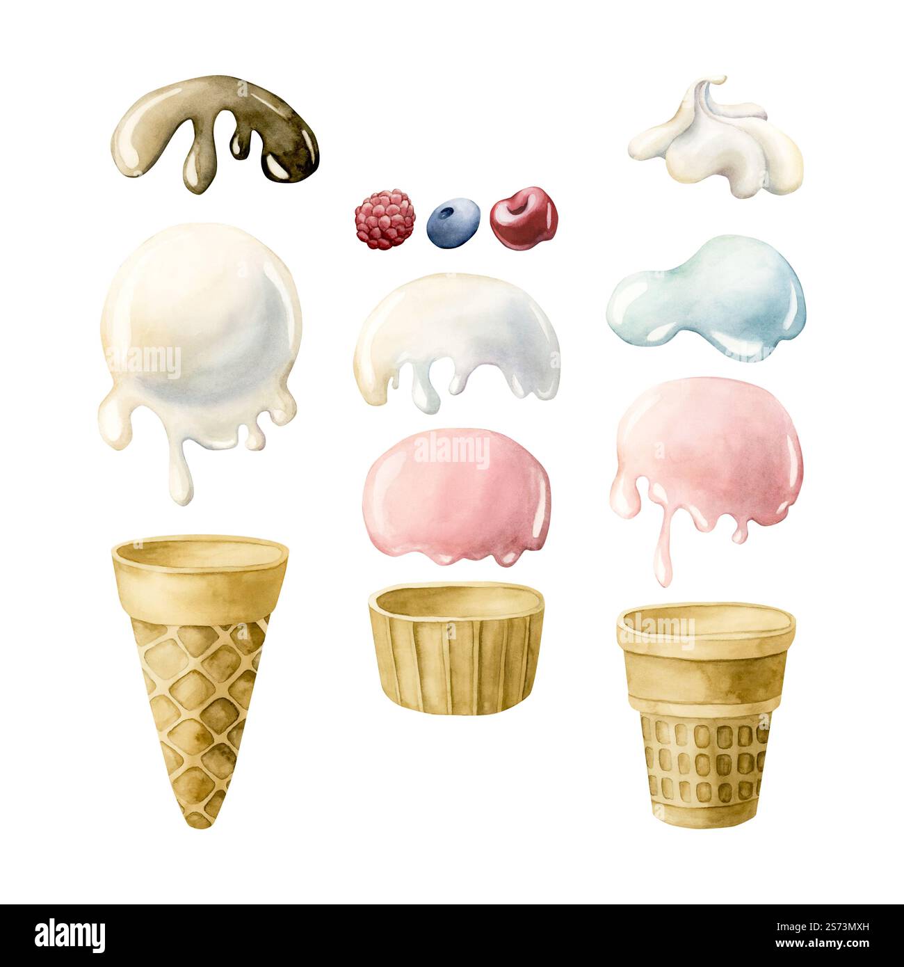 Cute ice cream waffle cones and cups, cupcakes and berries design ...