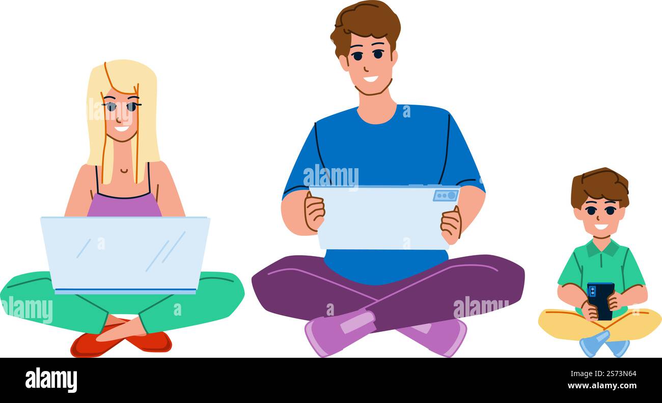 family using technology vector. father mother, using home, internet ...