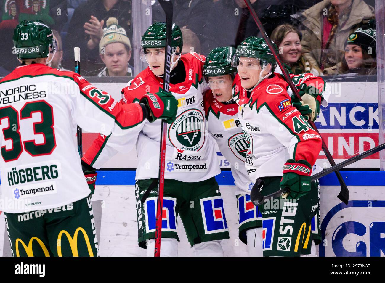 Karlstad, Sverige. 18th Jan, 2025. 250118 Frölundas Noah Dower Nilsson och Dominik Egli jublar ...