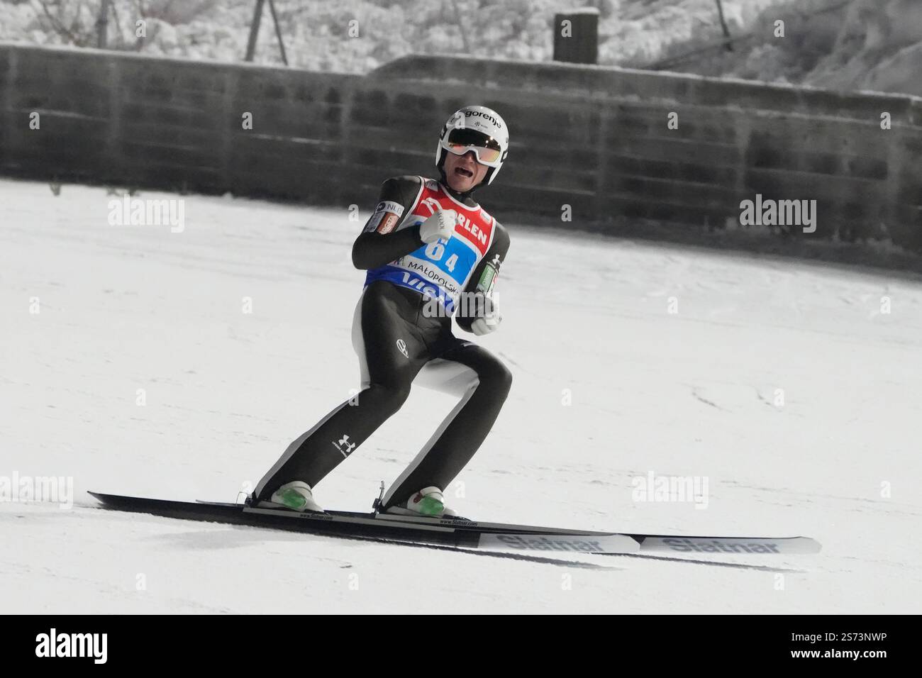 Slovenia Anze Lanisek reacts during the Men's Team HS140 second round ...