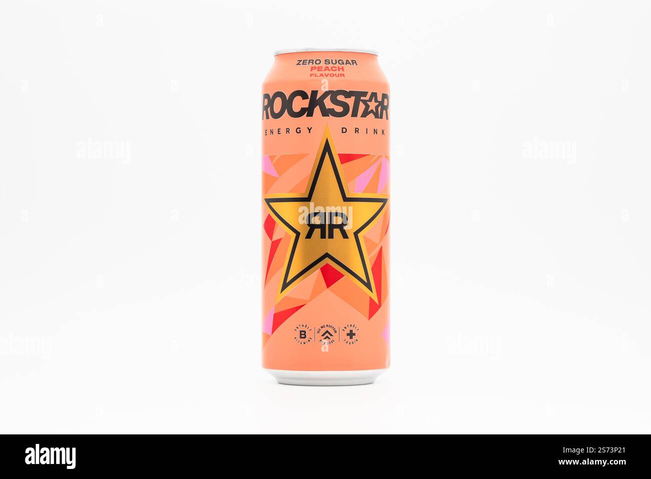 Rockstar Energy Drink Peach flavour can. The beverage is a zero sugar ...