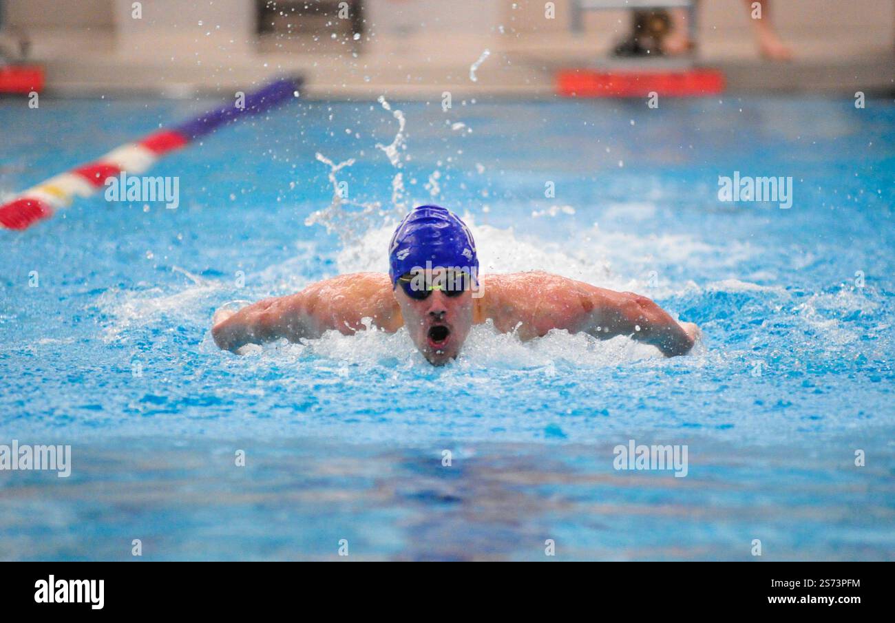 Newark, USA. 17th Jan, 2025. Seton Hall's Talan Hickman swims during ...