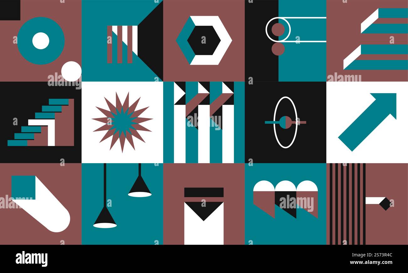 Squares with abstract forms and shapes, modern mid century or bauhaus ...