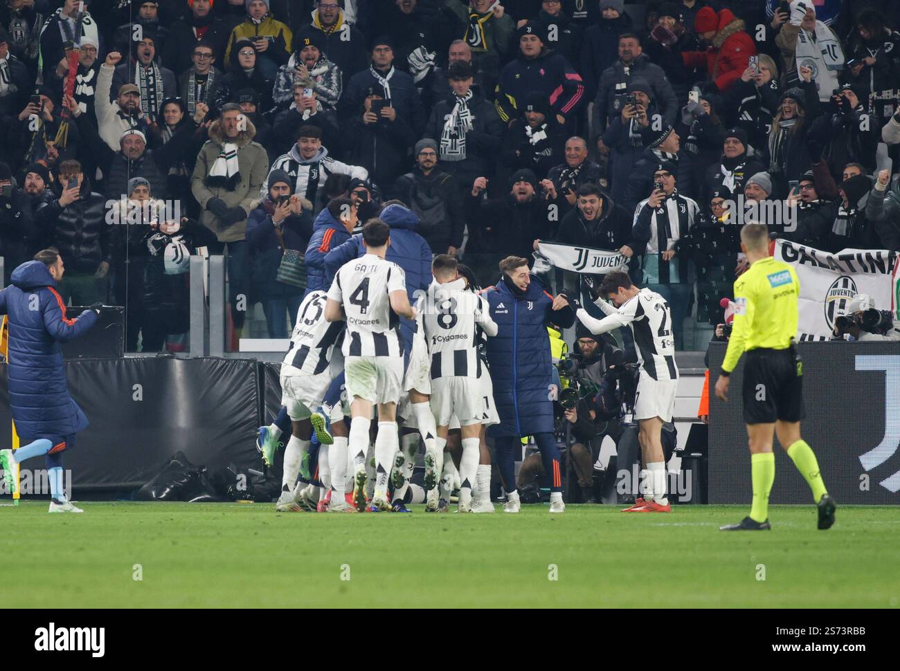 Turin, Italy. 18th Jan, 2025. Timothy Weah of Juventus FC celebrating ...