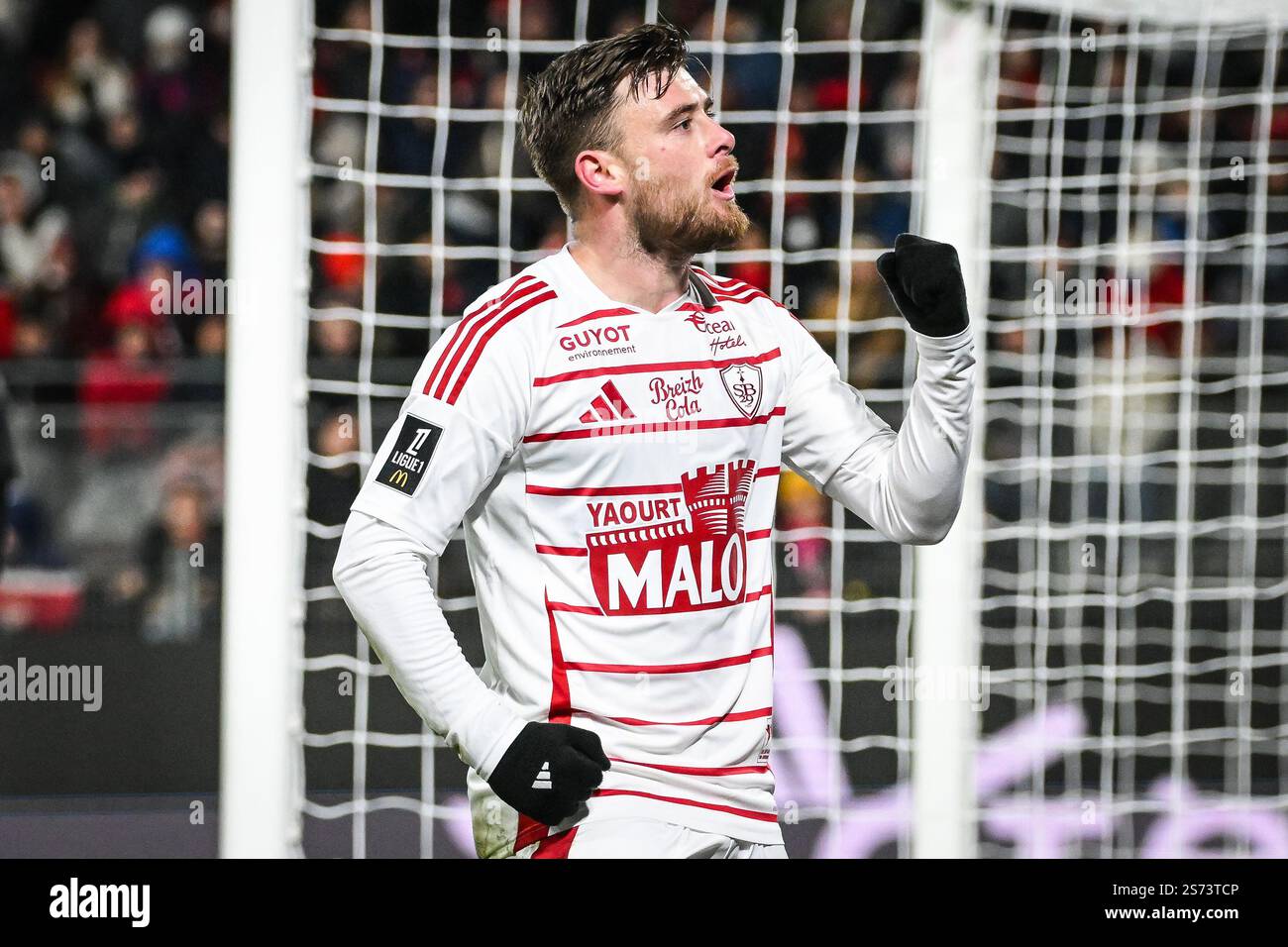 Rennes, France. 18th Jan, 2025. Hugo MAGNETTI of Brest celebrates his ...