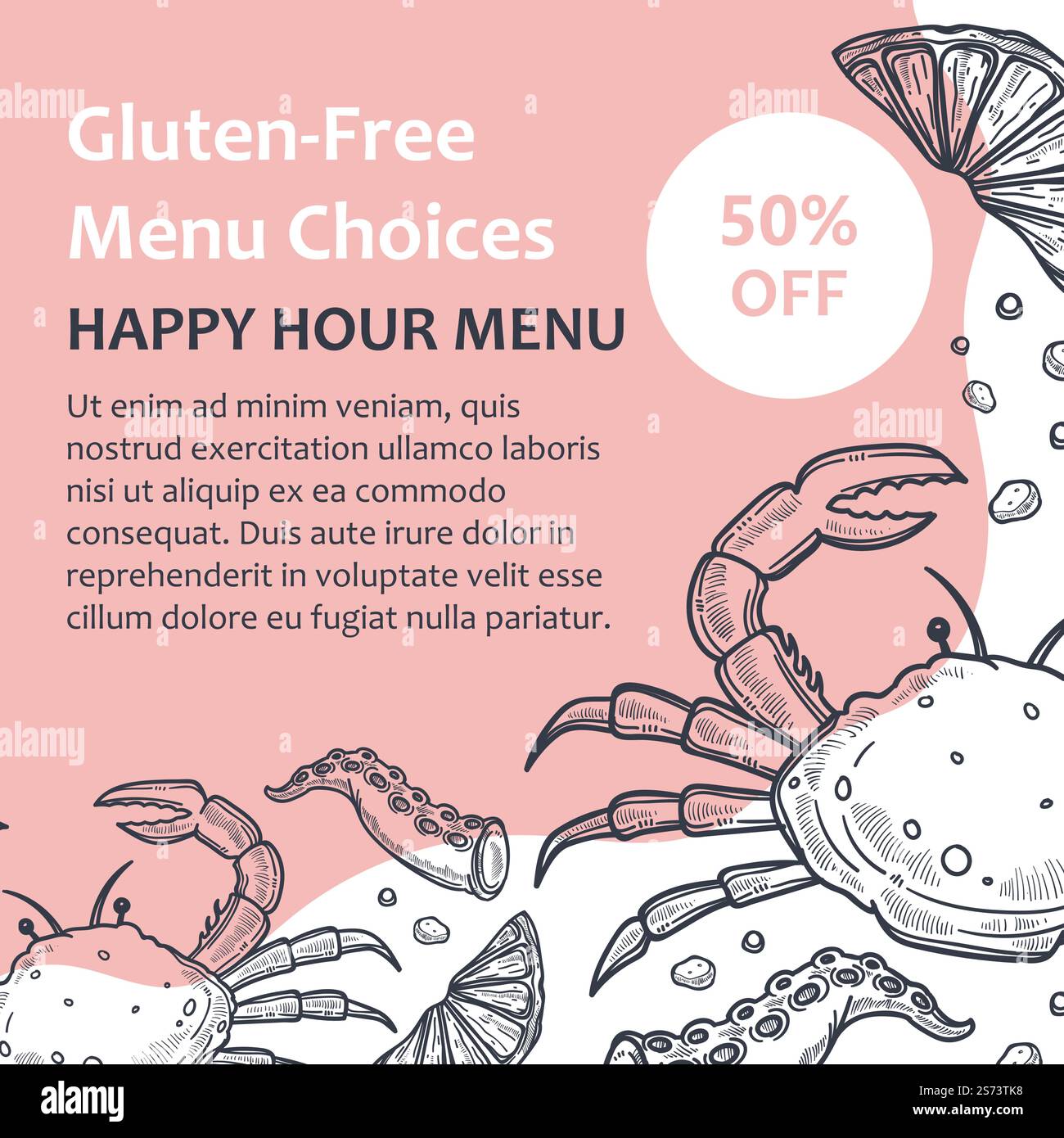 Happy hour menu with no gluten, crab seafood with slice of lemon citrus ...