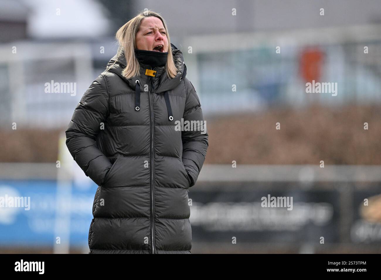 Aalter, Belgium. 18th Jan, 2025. Head Coach Inka Grings of Club YLA pictured during a female ...