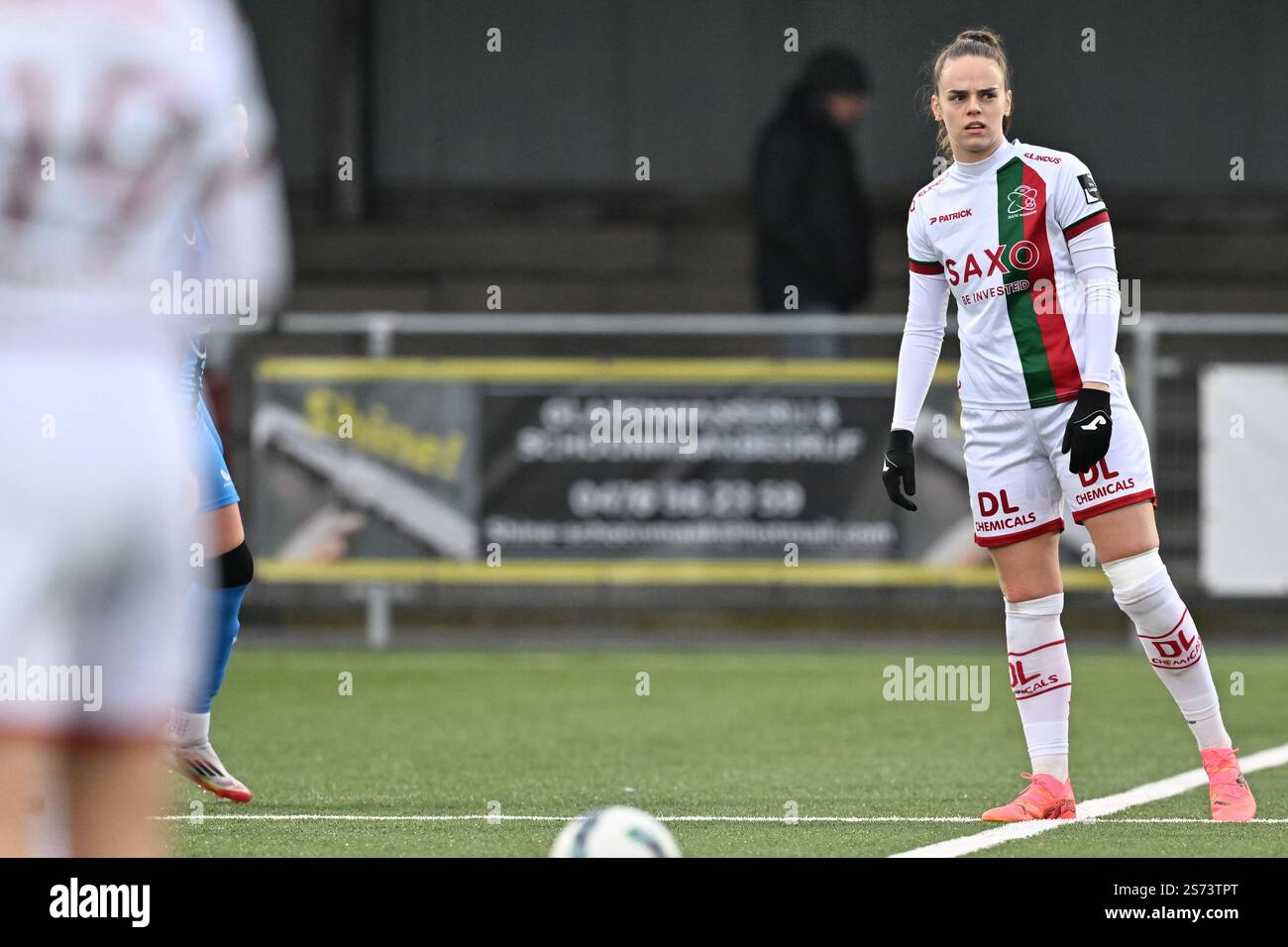 Aalter, Belgium. 18th Jan, 2025. Amber Maximus (18) of Zulte-Waregem pictured during a female ...