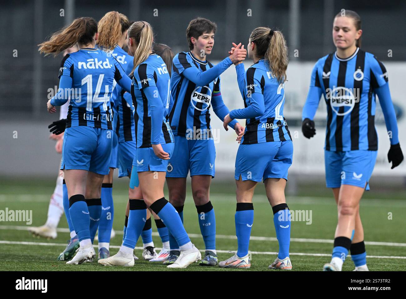 Aalter, Belgium. 18th Jan, 2025. Sejde Abrahamsson (2) of Club YLA pictured celebrating with her ...