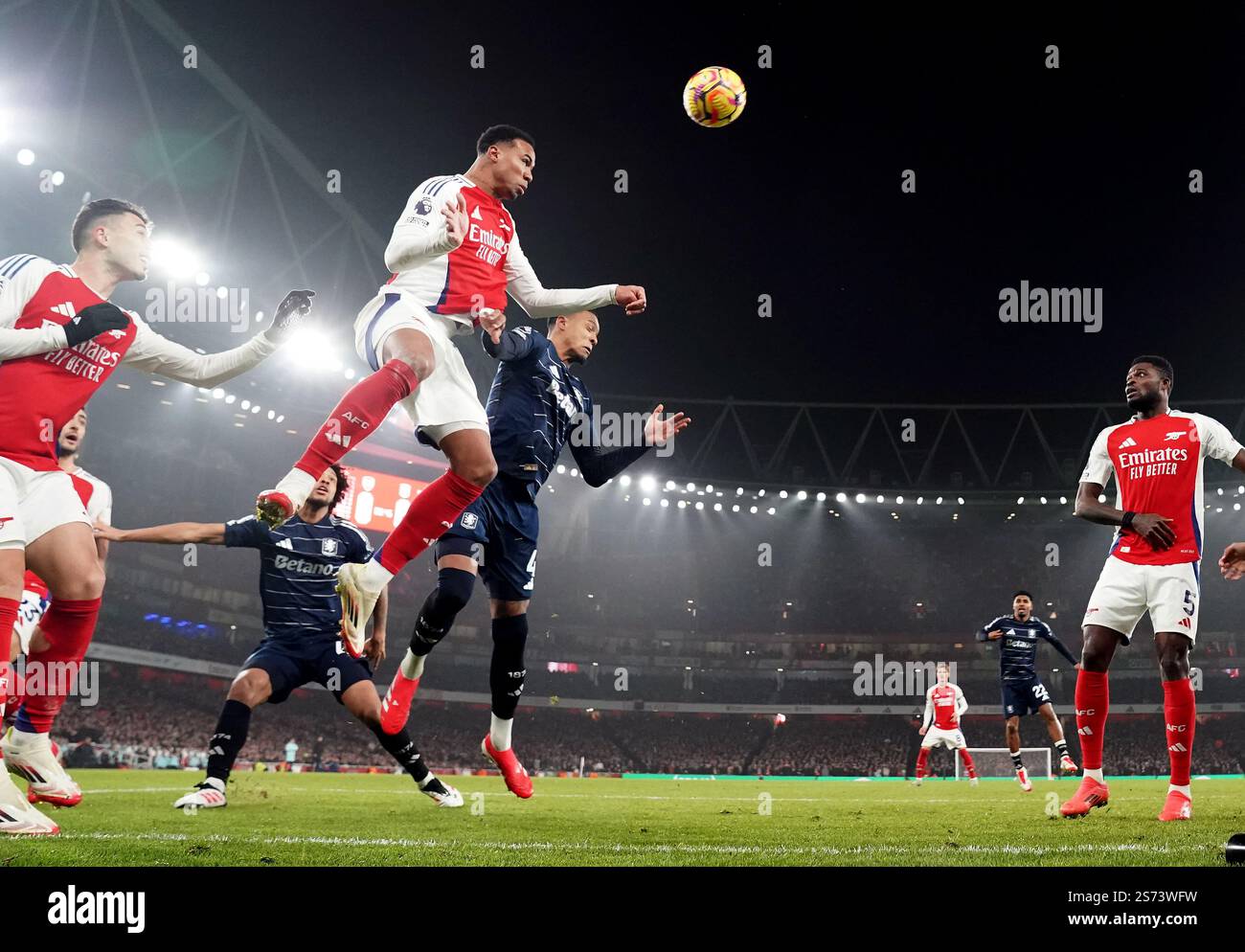 Arsenal's Gabriel wins a header during the Premier League match at the ...