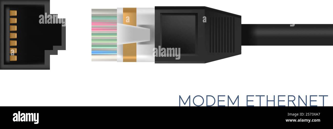 Ethernet cable or modem, isolated wire with ports for transmitting data ...