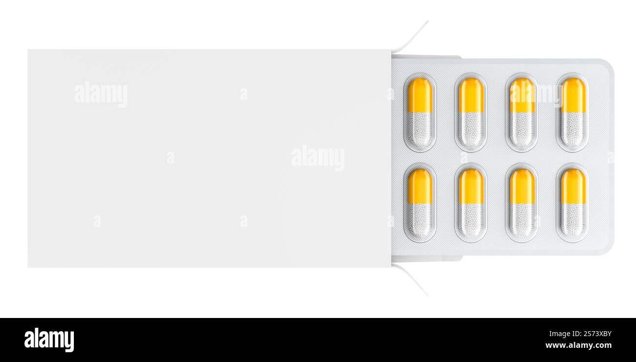 Pharmaceutical blister packs with capsules inside packaging box, mockup ...
