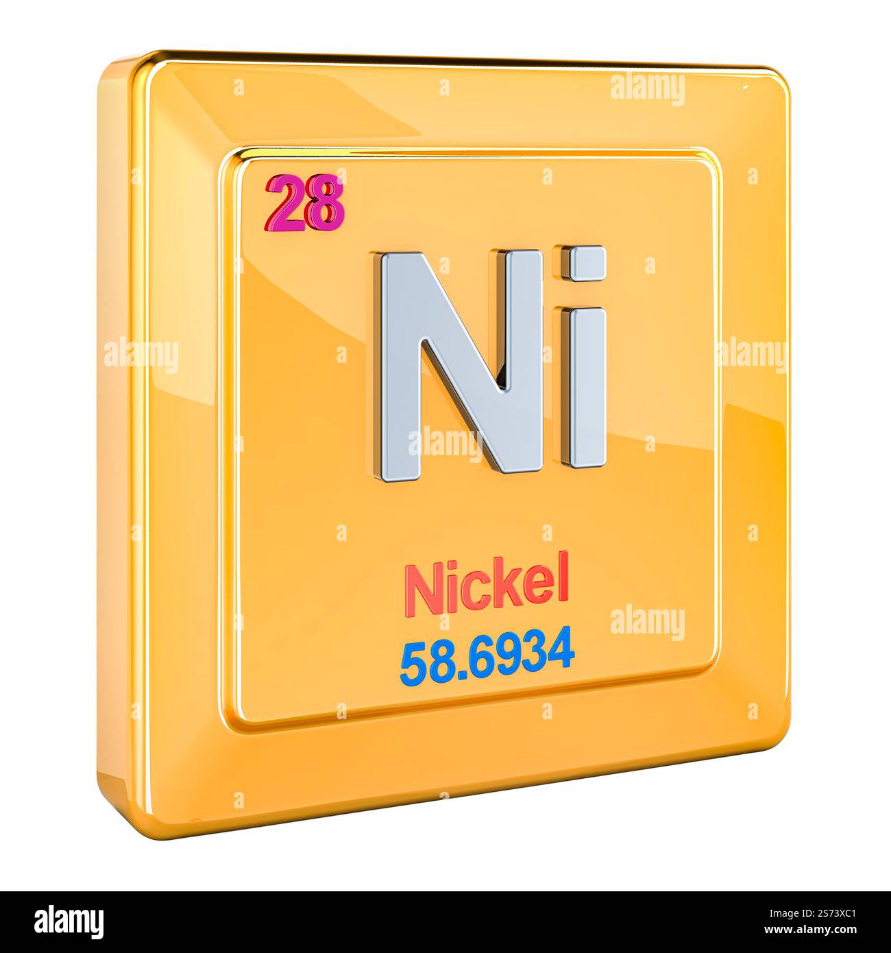 Nickel Ni, chemical element sign with number 28 in periodic table. 3D ...