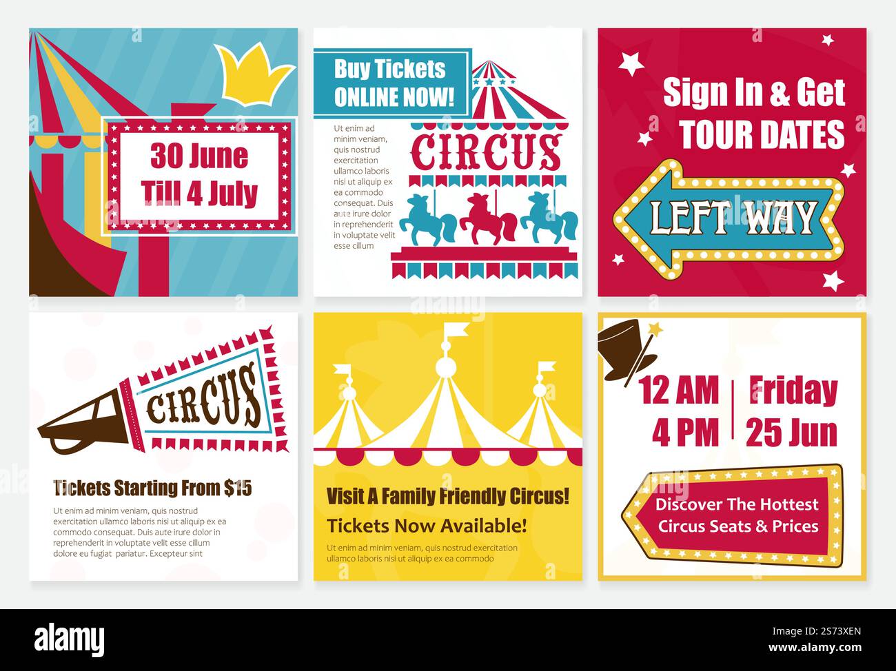 Social media set with circus shop advertising. Buy ticket online for ...