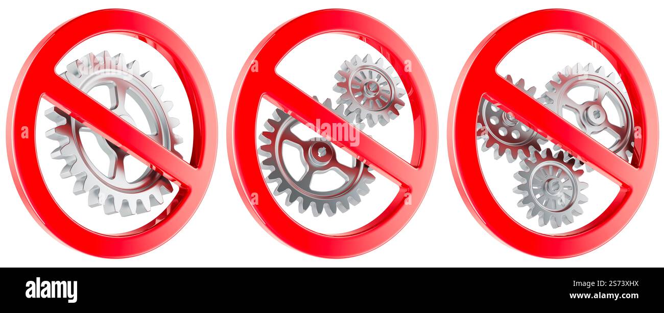 Steel cogs and gear wheel mechanisms with forbidden sign, prohibition ...