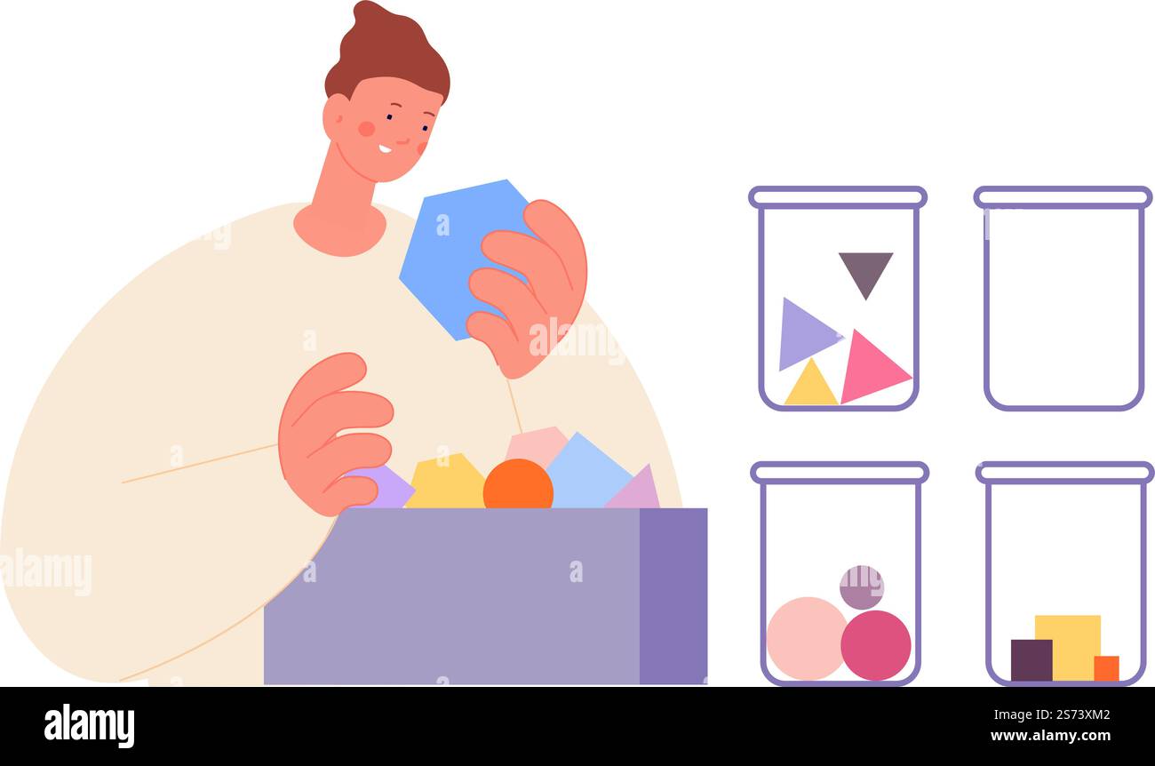 Man sorting geometric shapes. Time management and tasks distribution ...