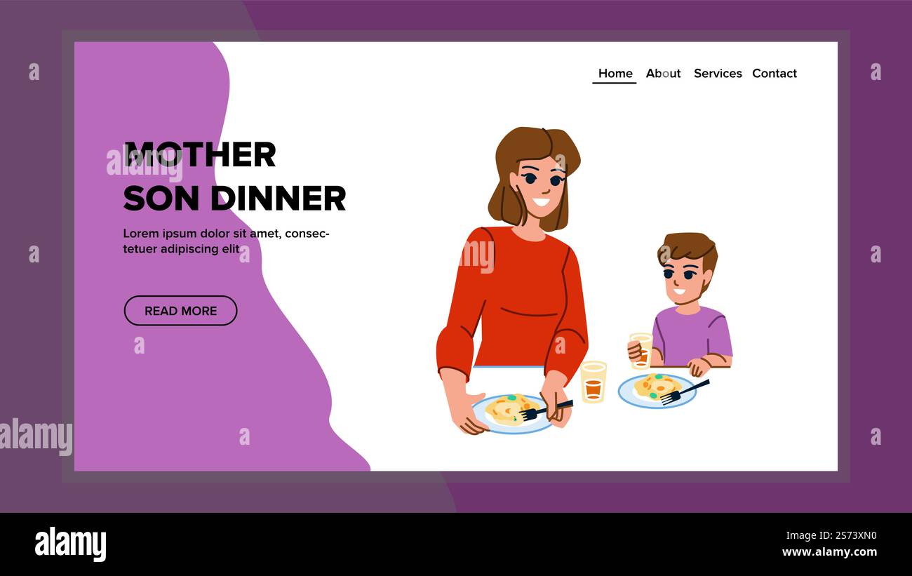 mother son dinner vector. family happy, together food, home meal ...